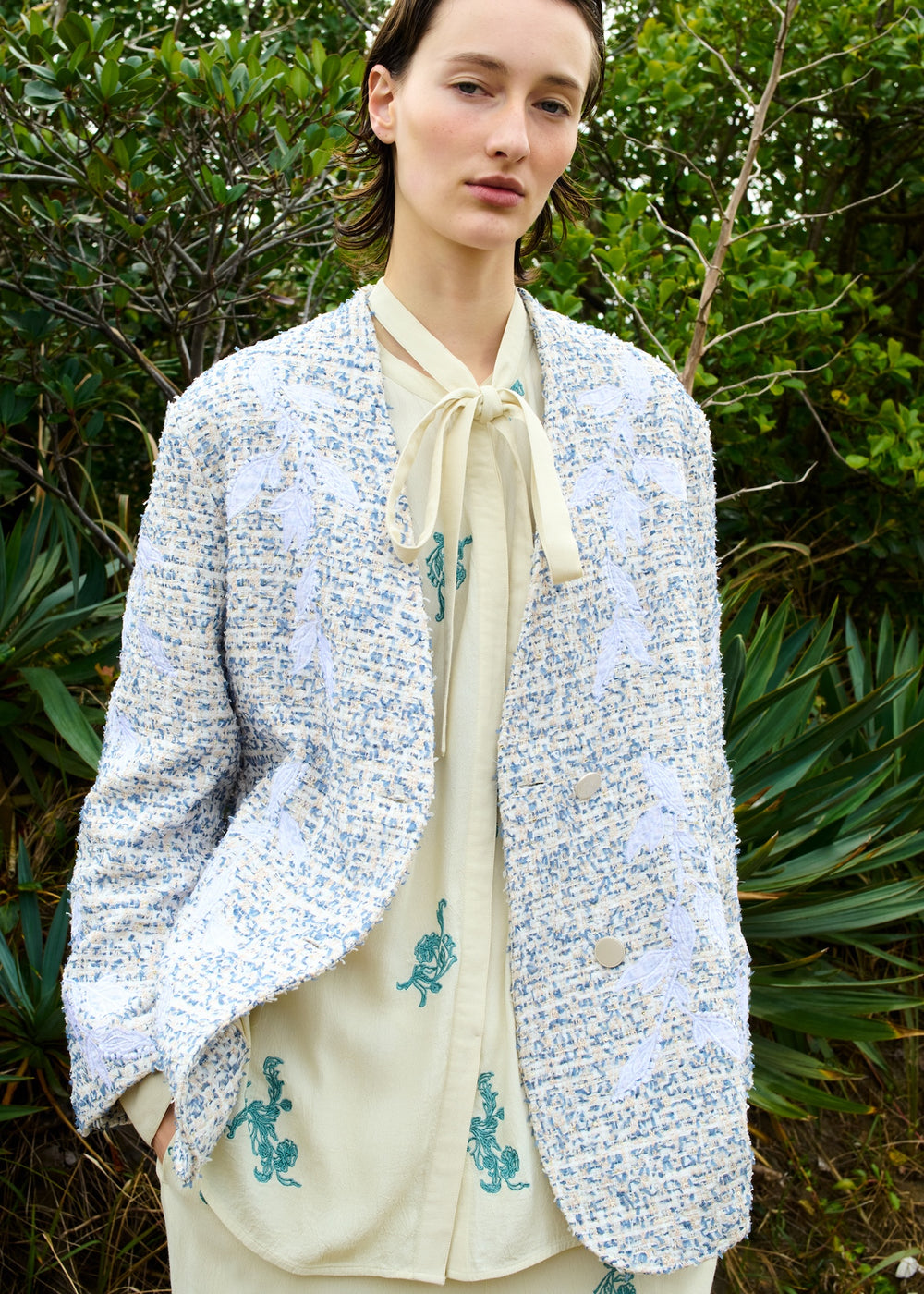Moss Crape Mini Flower Embroidery Bow Tie Shirts | Pasand by ne Quittez ...